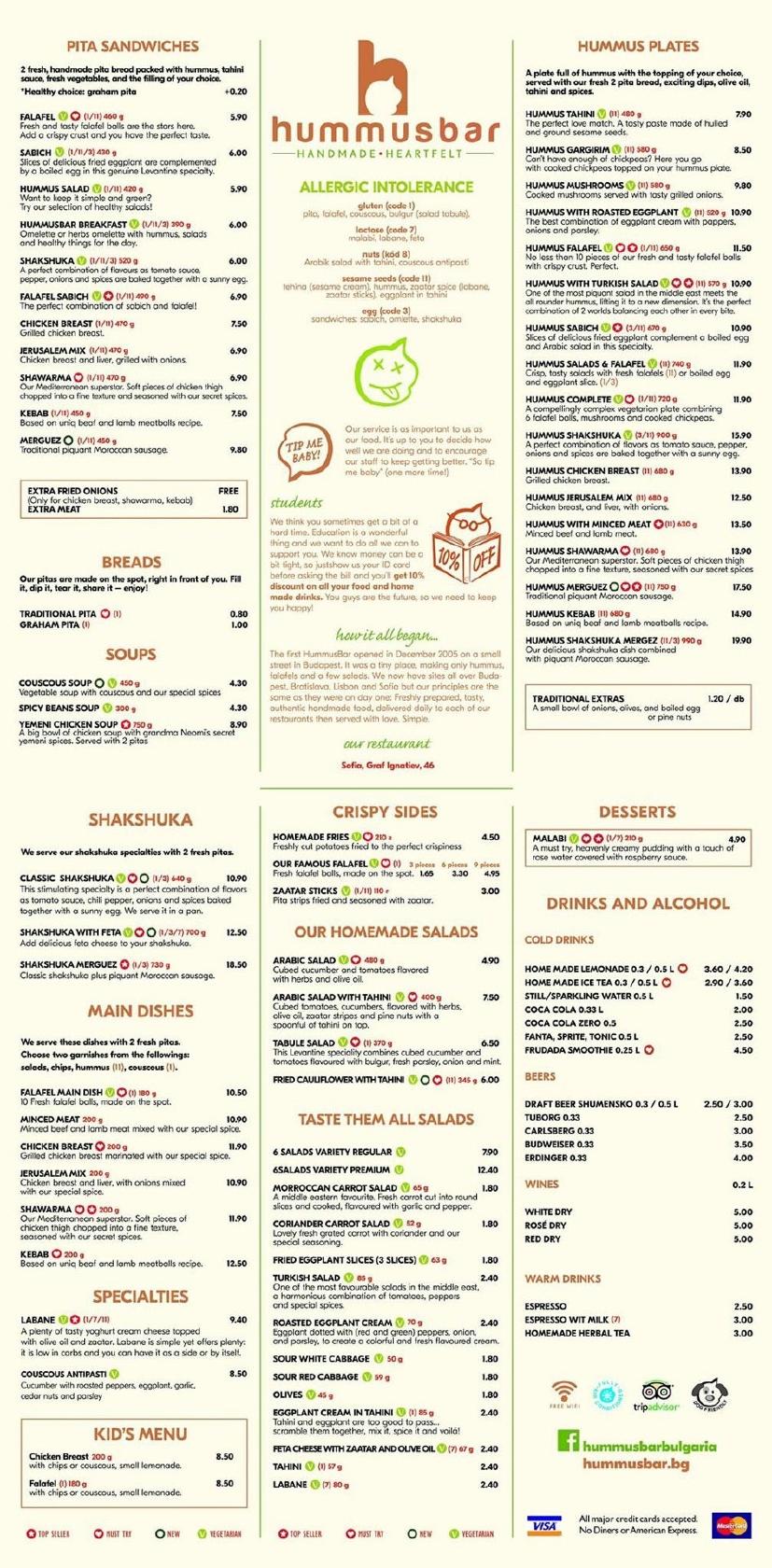 Menu at hummusbar, Sofia