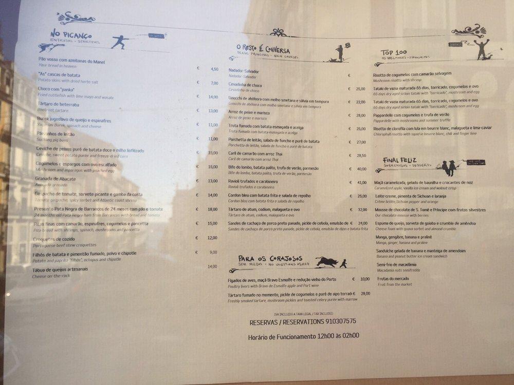Carta del restaurante Bistro 100 Maneiras, Lisboa
