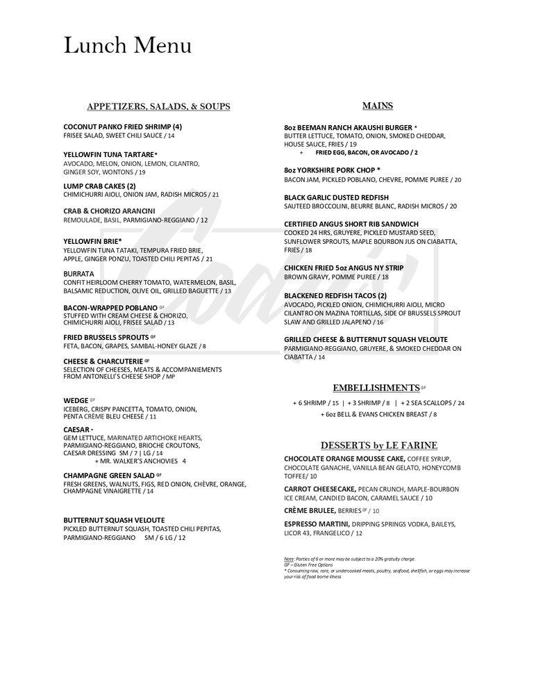 Menu at Cody's Restaurant, Bar, & Patio NB, New Braunfels