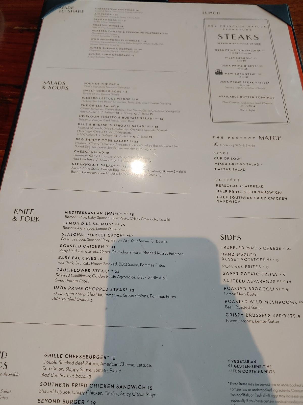 Menu at Del Frisco's Grille steakhouse, Southlake, E Southlake Blvd