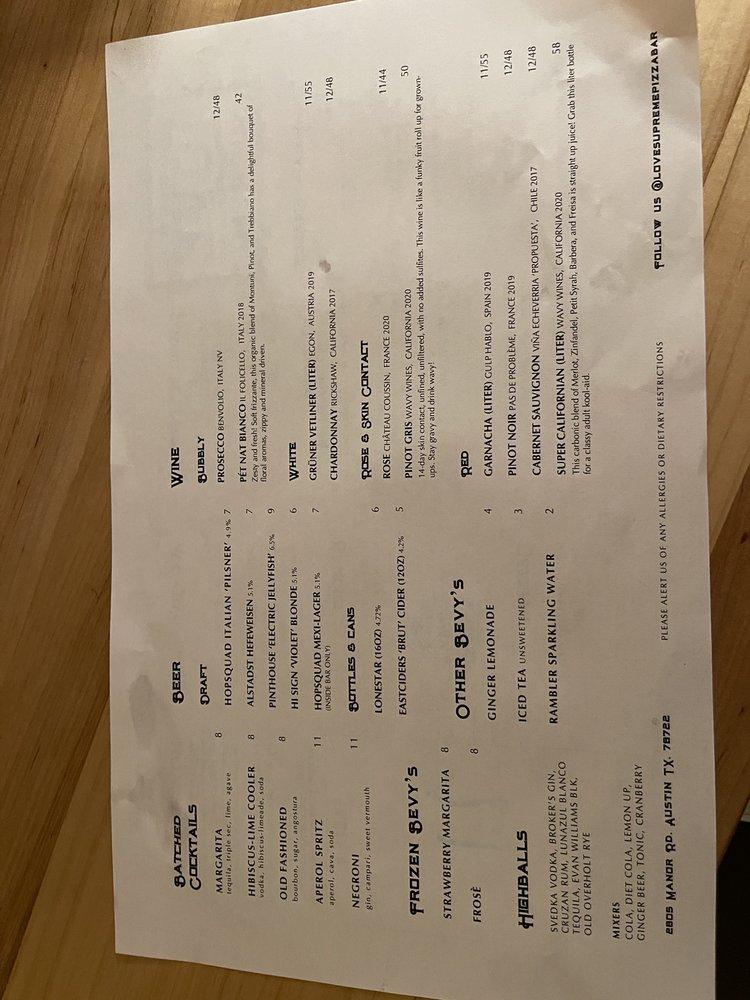 Menu at Love Supreme Pizza Bar, Austin