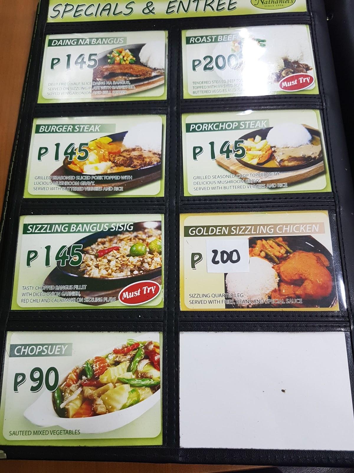 Menu at Nathaniel's Bakeshop restaurant, Olongapo