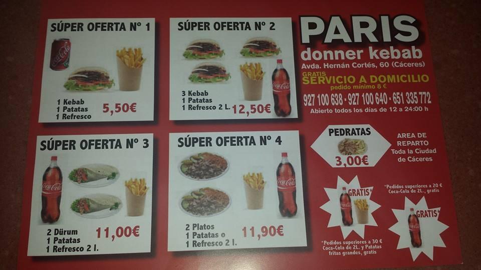 Carta del restaurante París Döner Kebab, Cáceres
