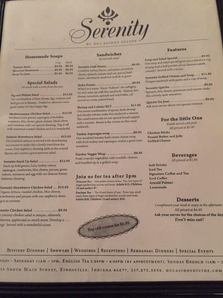 Menu at Serenity cafe, Zionsville