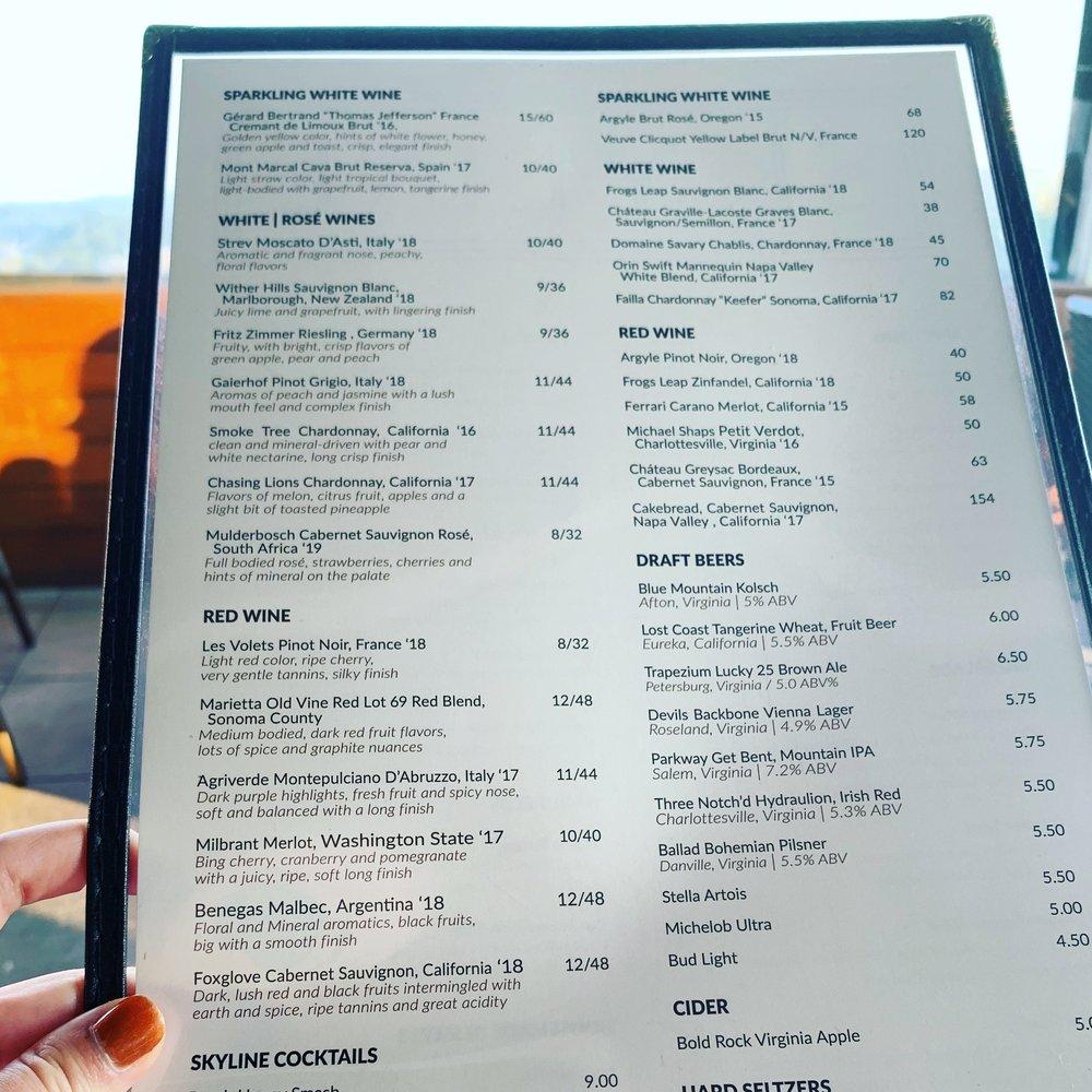 Menu at Skyline restaurant, Lynchburg