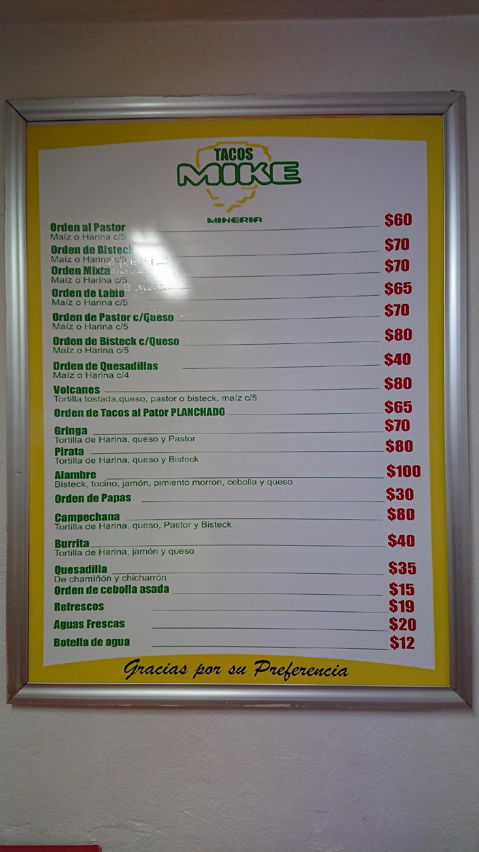 Menu at Tacos Mike restaurant, Saltillo, Blvrd Minería 663