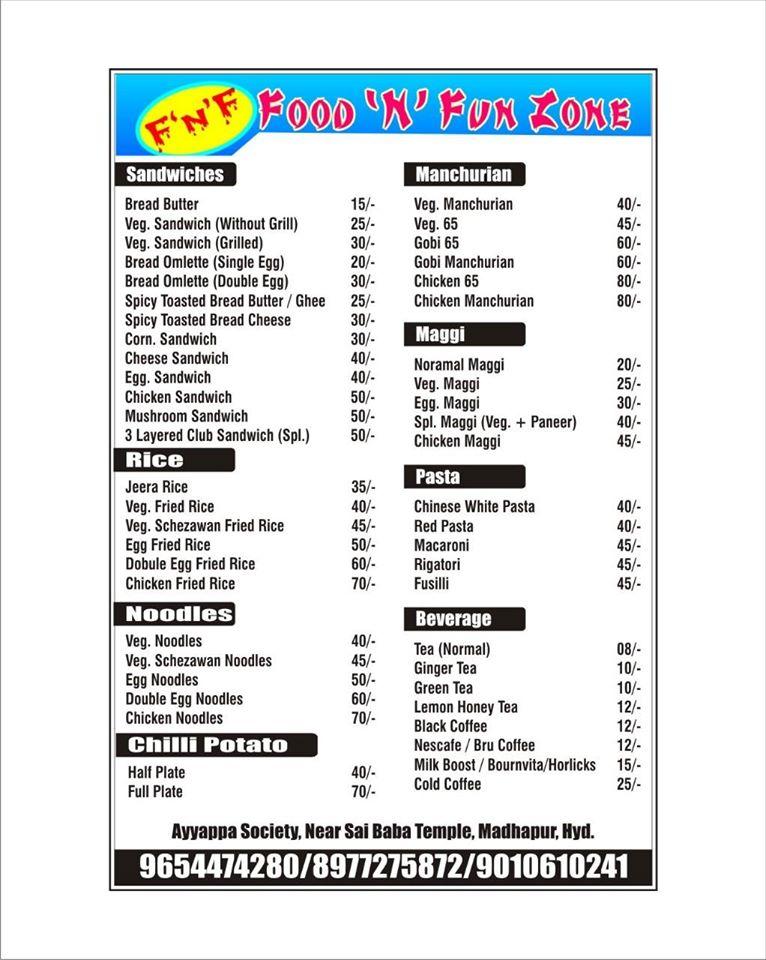 Menu at FnF - Food 'n' Fun Zone, Hyderabad