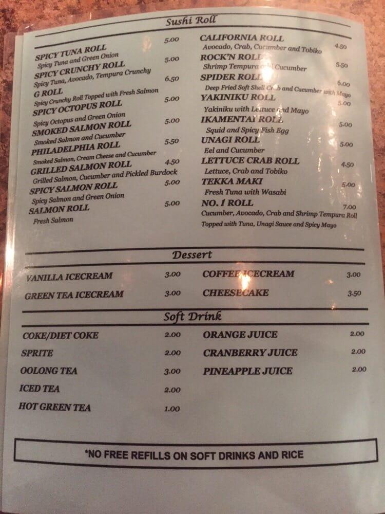Menu at Genji restaurant, Houston