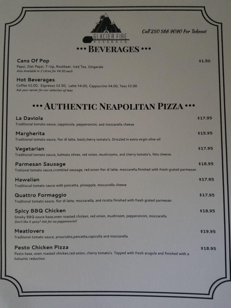 Menu at Glacier Fire Pizzeria (Wood Fired Pizza), Valemount