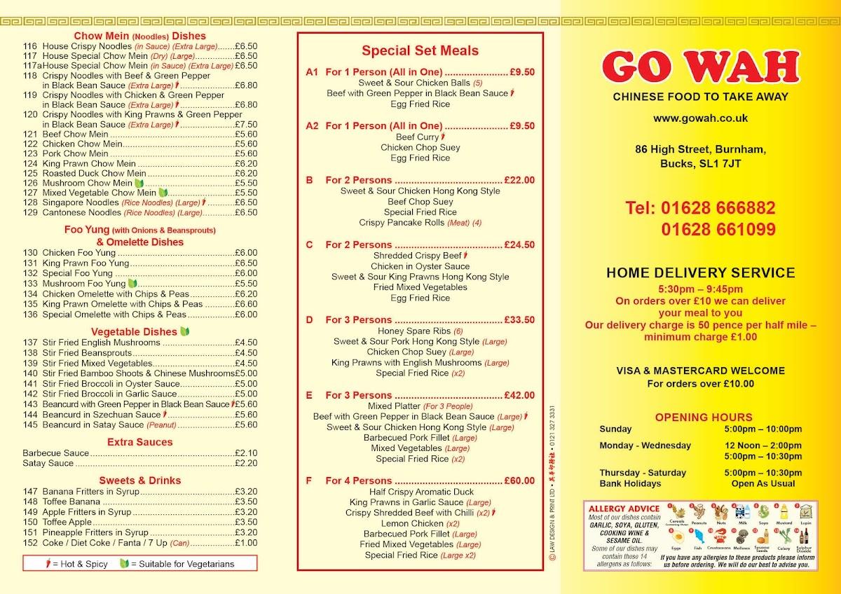 Menu at Gowah restaurant, Slough