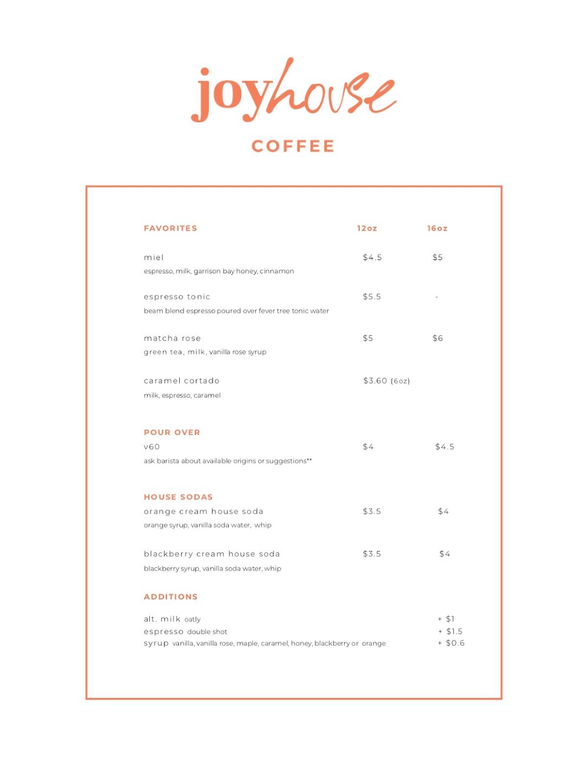 Menu at Joyhouse Coffee cafe, Bismarck