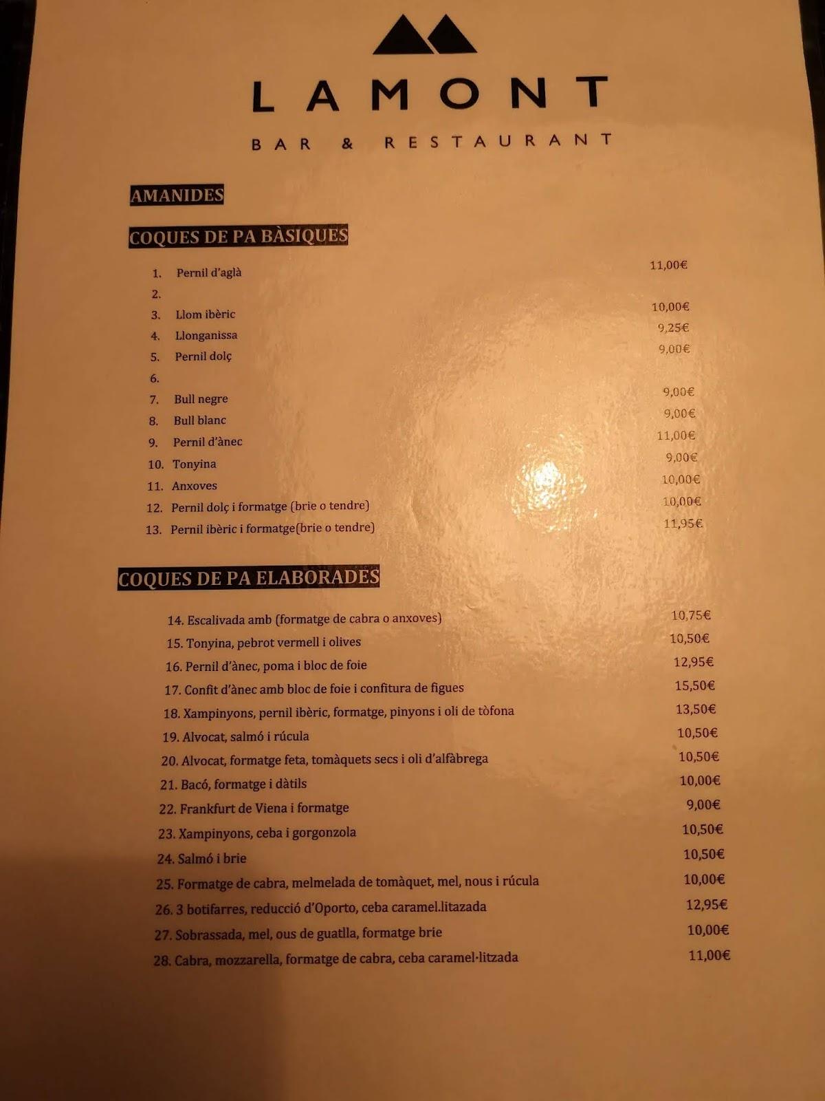 Menu at LAMONT restaurant, El Tarter