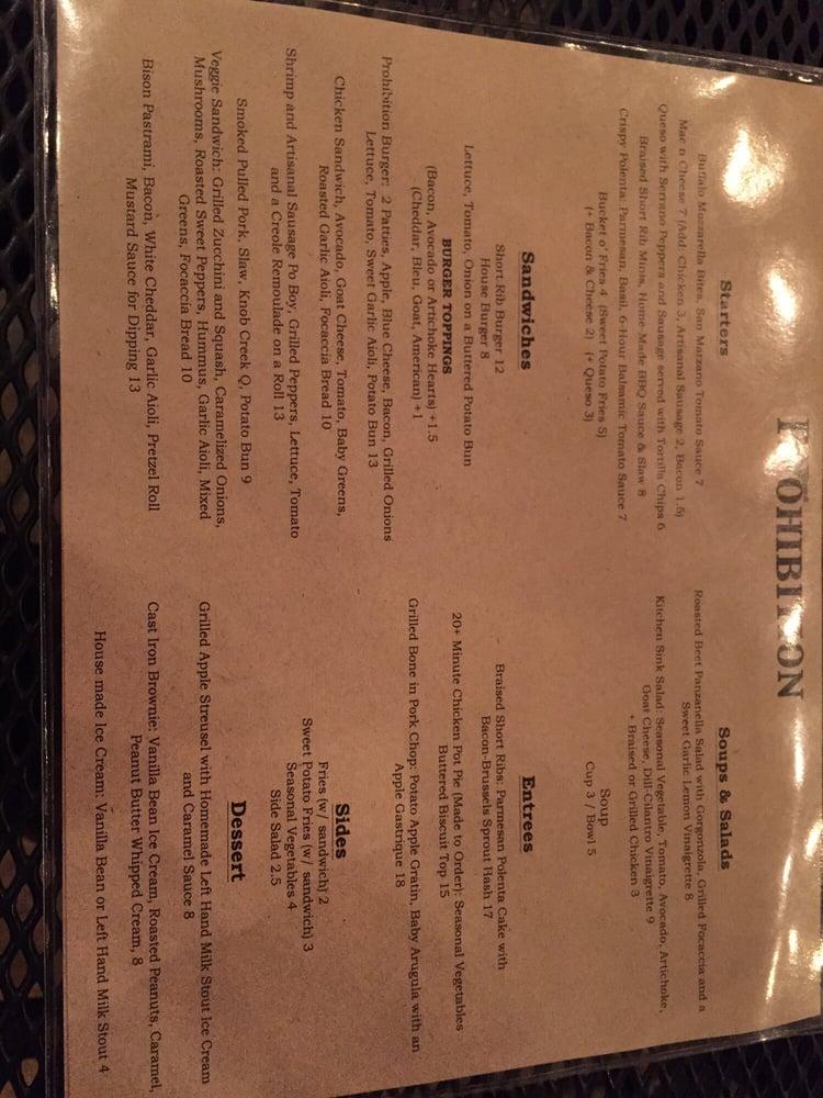 Menu at Prohibition pub & bar, Denver