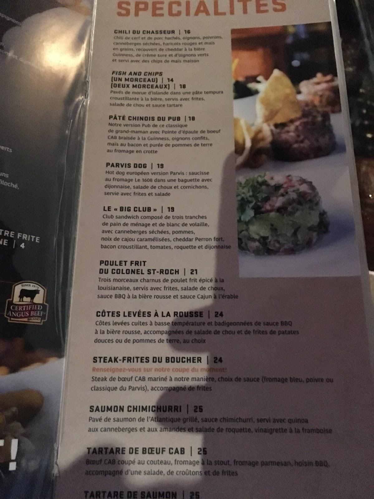 Menu au Pub du Parvis, Québec