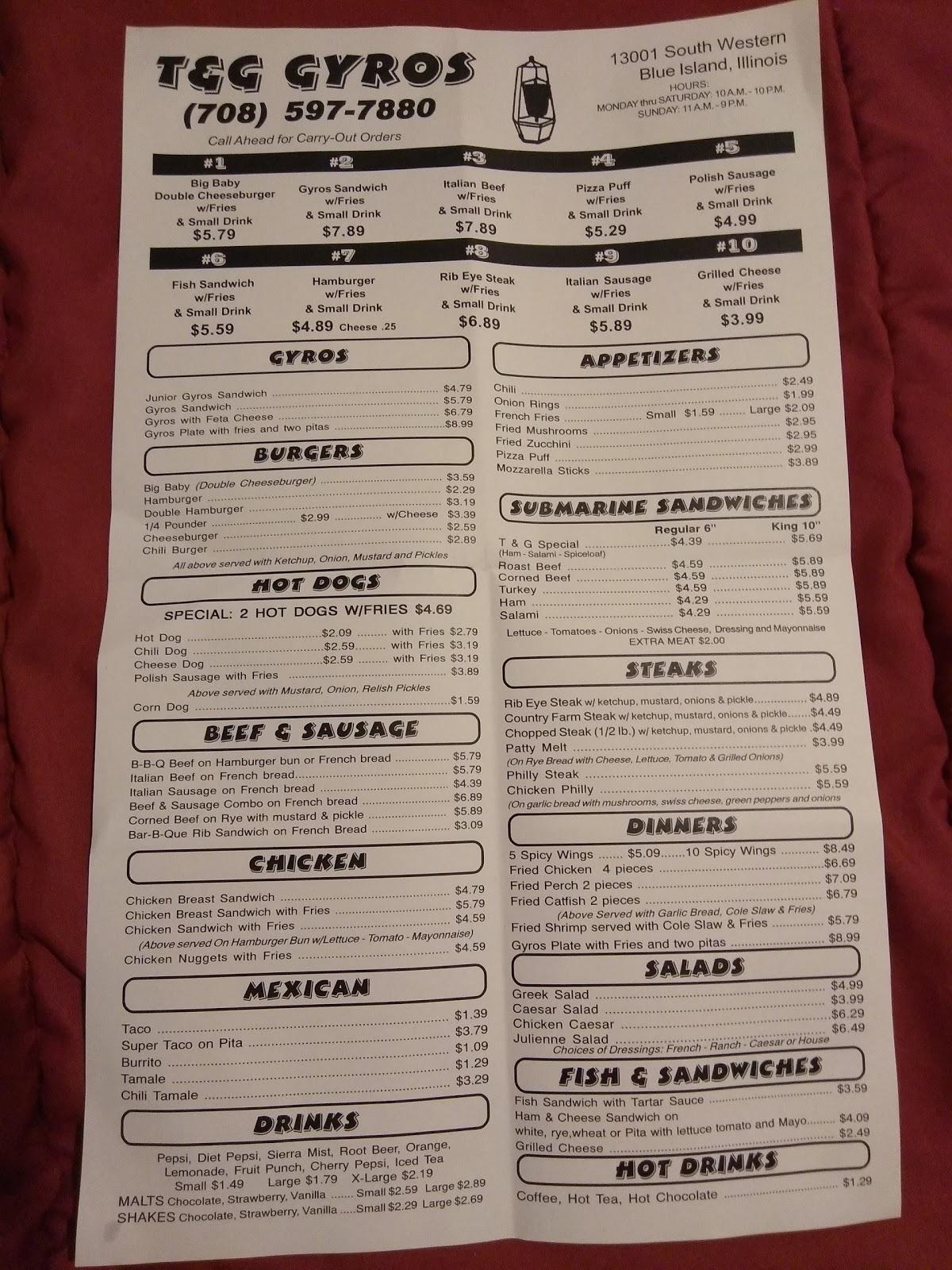 Menu at T & G Gyros restaurant, Blue Island
