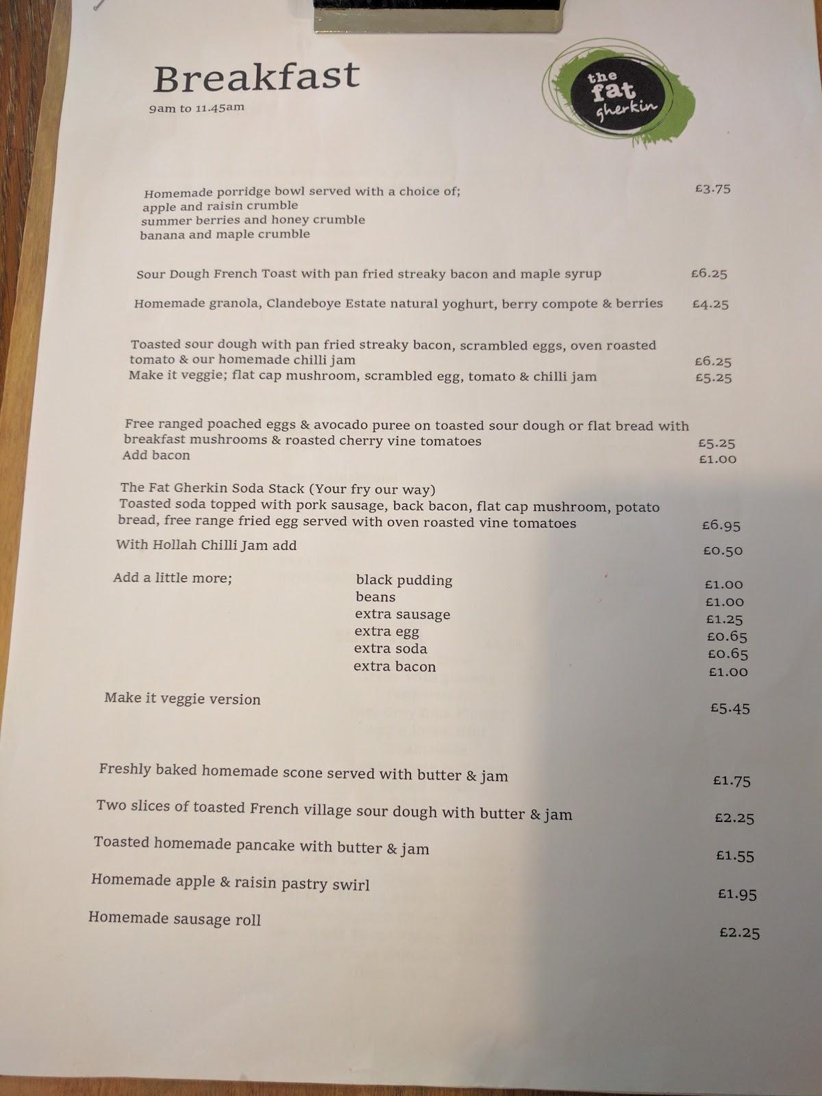 Menu at The Fat Gherkin restaurant, Moira
