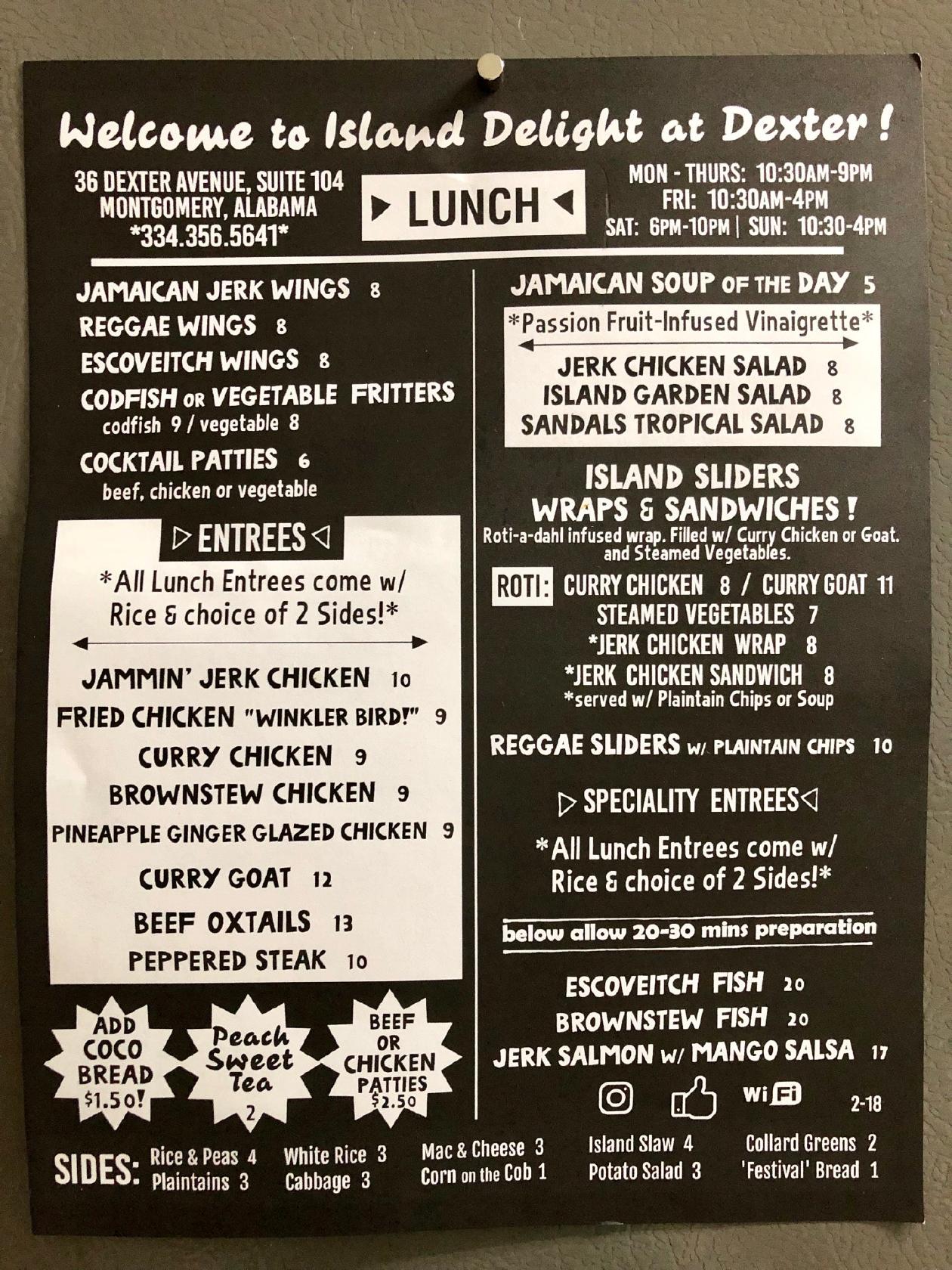 Menu at Island Delight at Dexter pub & bar, Montgomery, 36 Dexter Ave #104