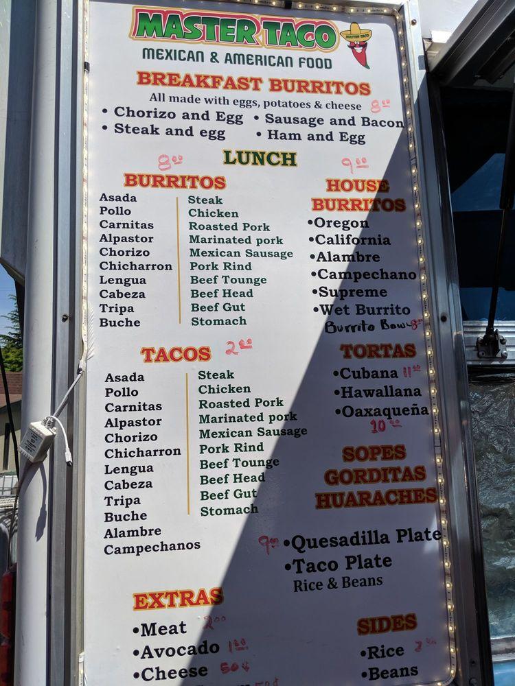 Menu at Master Taco restaurant, Beaverton