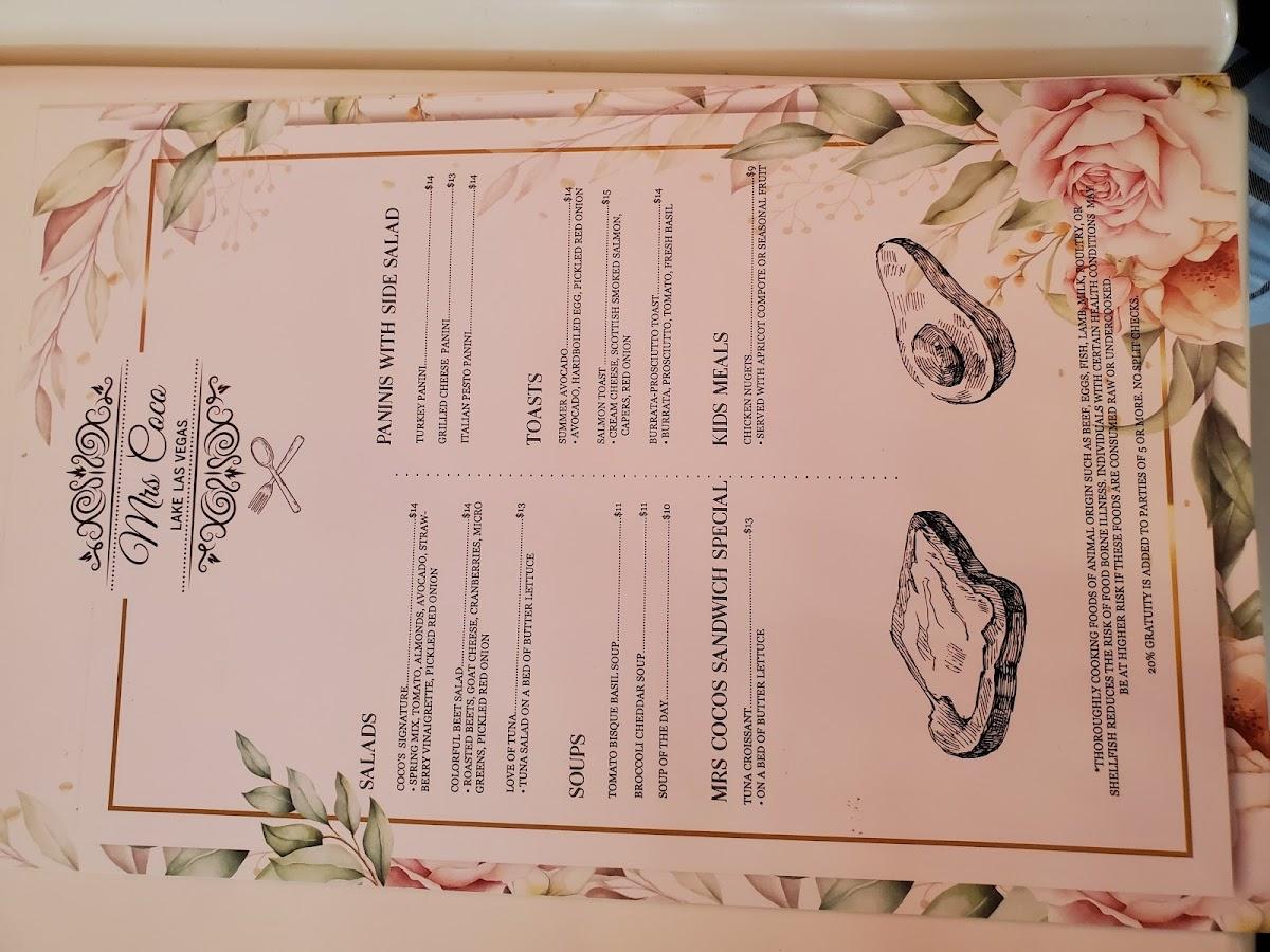 Menu at Mrs Coco cafe, Henderson