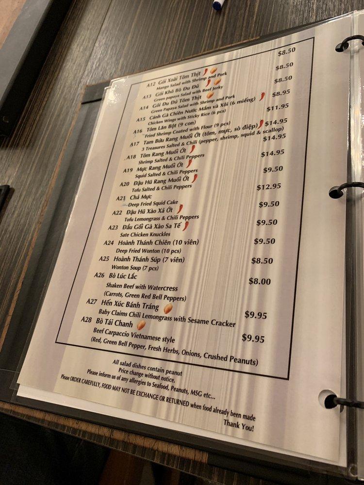 Menu at Pho Now restaurant, Toronto