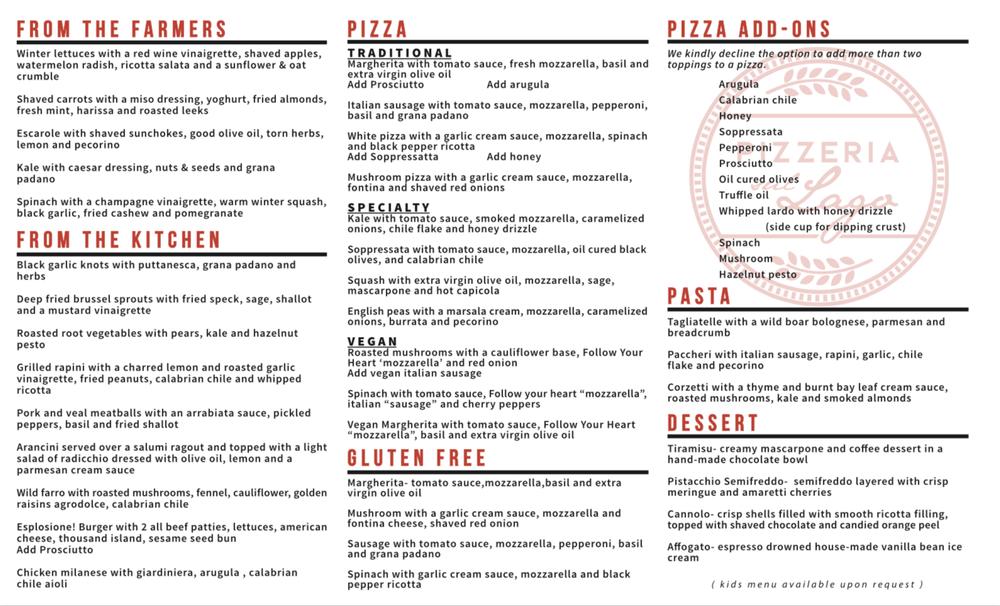 Menu at Pizzeria sul Lago, Lake Oswego