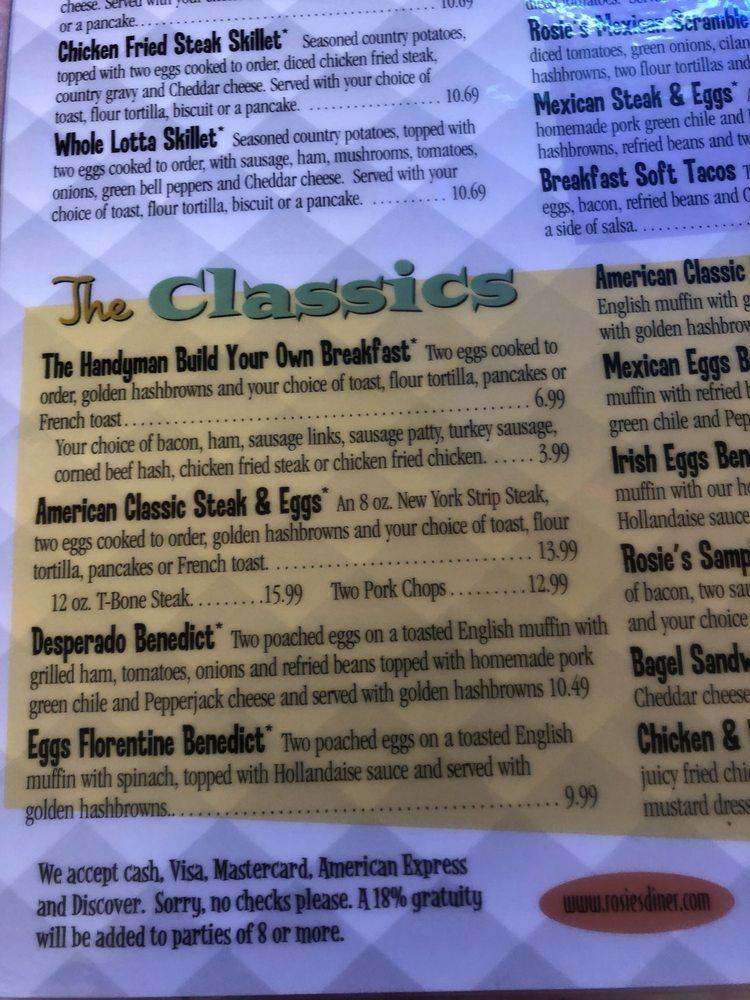 Menu at Rosie's Diner Aurora cafe, Aurora