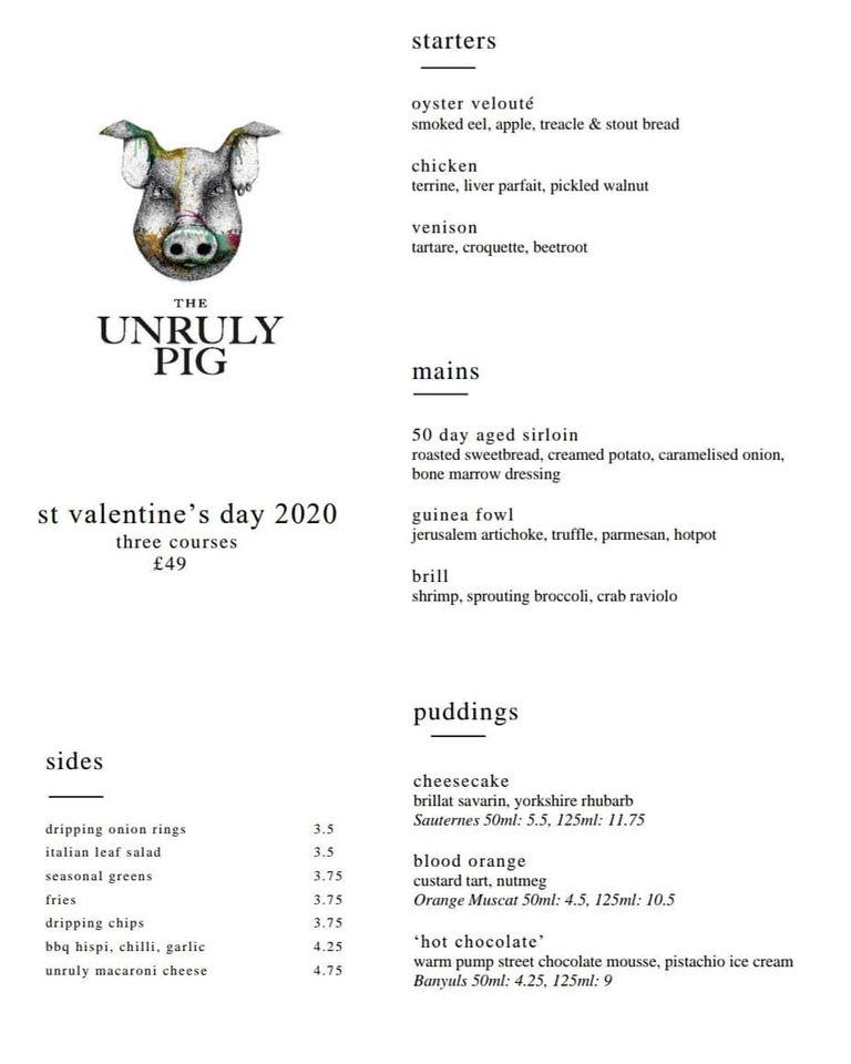Menu at The Unruly Pig restaurant, Bromeswell
