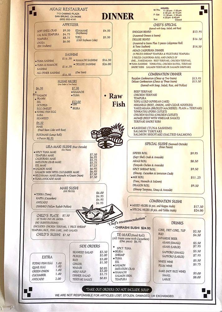 Menu at Akagi Restaurant, San Bruno
