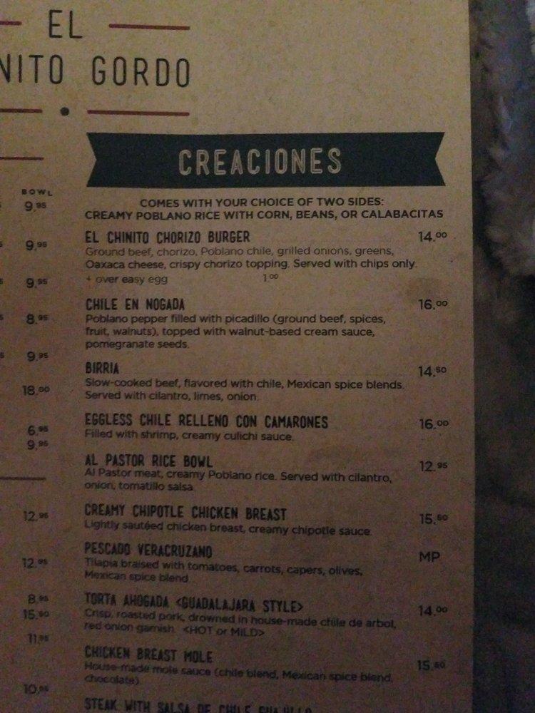 Menu at El Chinito Gordo restaurant, Tucson