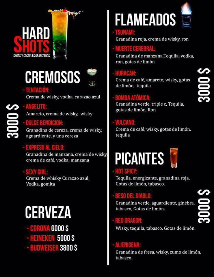 Menu at HARD SHOTS restaurant, Medellín