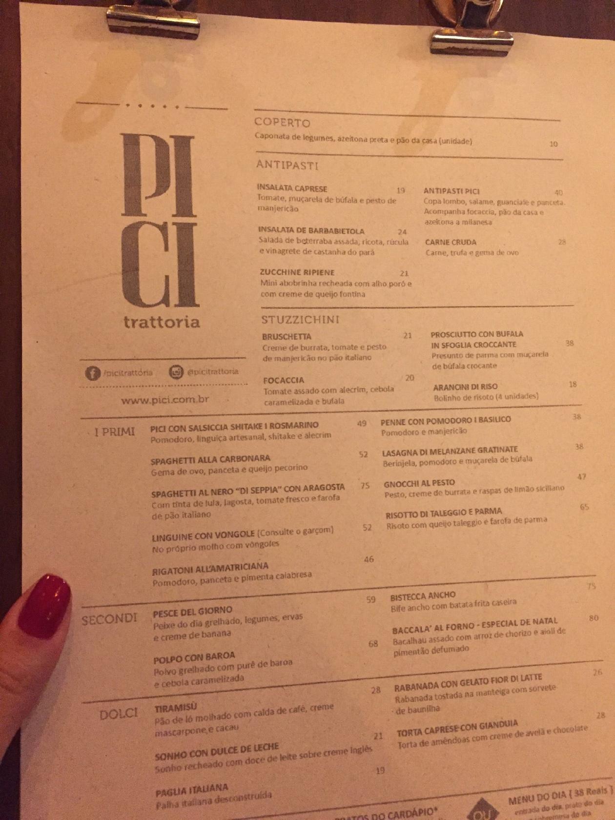 Menu at Pici Trattoria restaurant, Rio de Janeiro