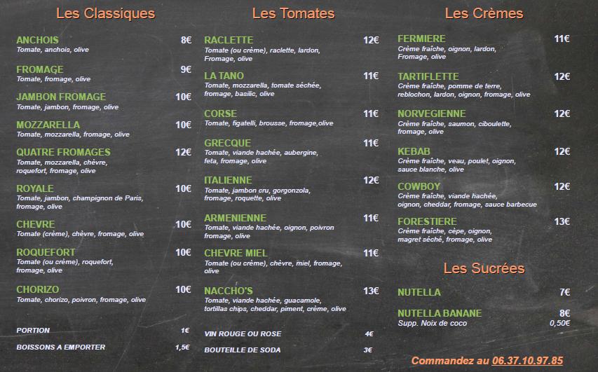Menu at Pizza Tano pizzeria, Volx, Pl. des Félibres