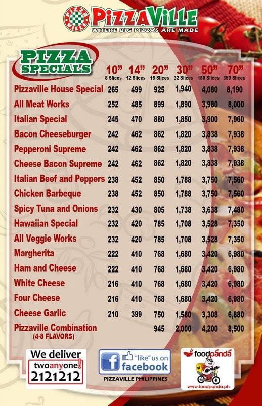 Menu at Pizzaville Philippines pizzeria, Manila