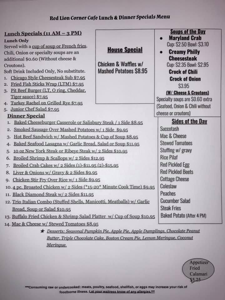 Menu at Red Lion Corner Café restaurant, Red Lion