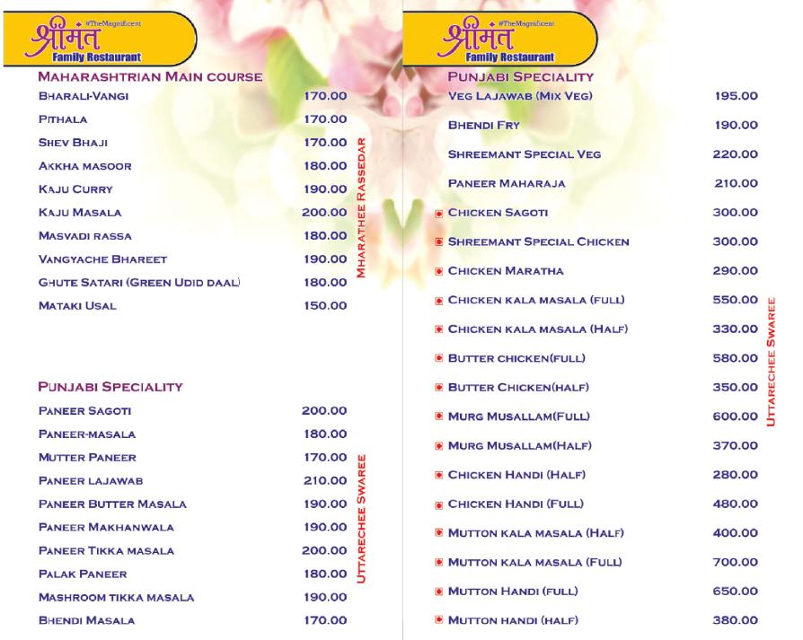 Menu at Shreemant Veg Non Veg family restaurant, Pune