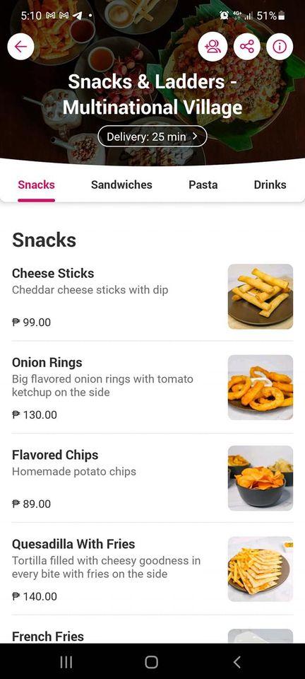 Carta del restaurante Snacks & Ladders, Ciudad Quezon