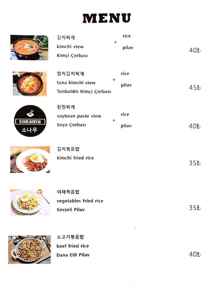 Carta de Sonamu Korean Restaurant, Estambul