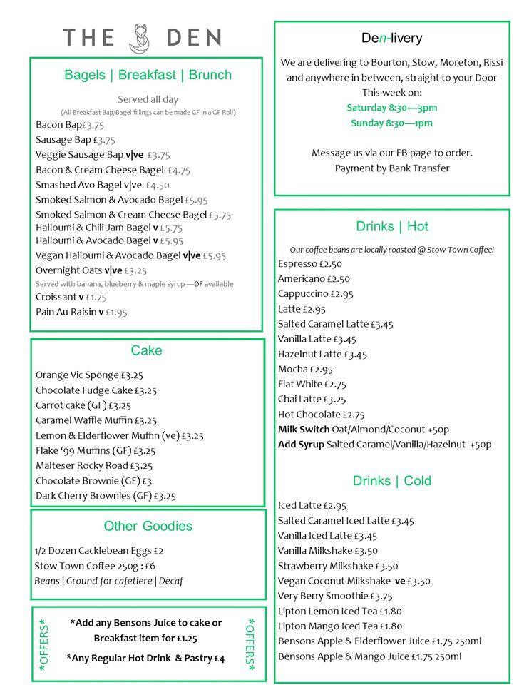 Menu at The Den cafe, Bourton-on-the-Water