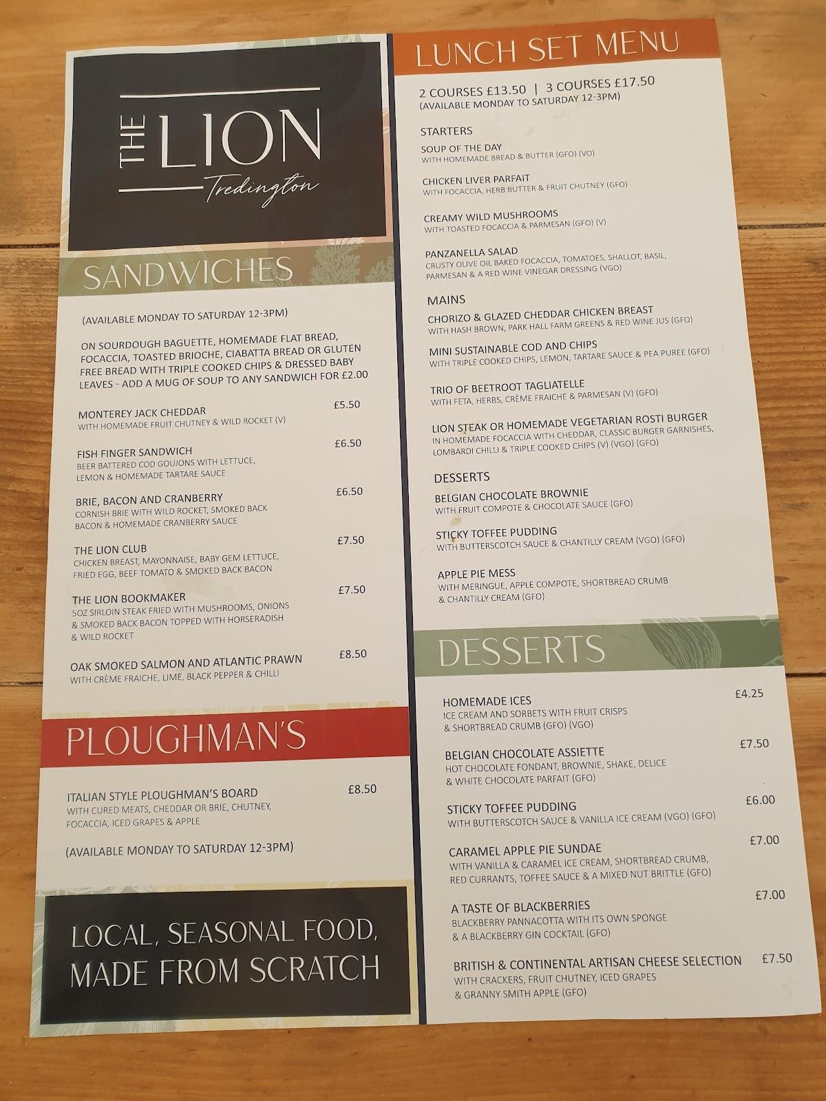 Menu at The Lion, Tredington pub & bar, Shipston-on-Stour