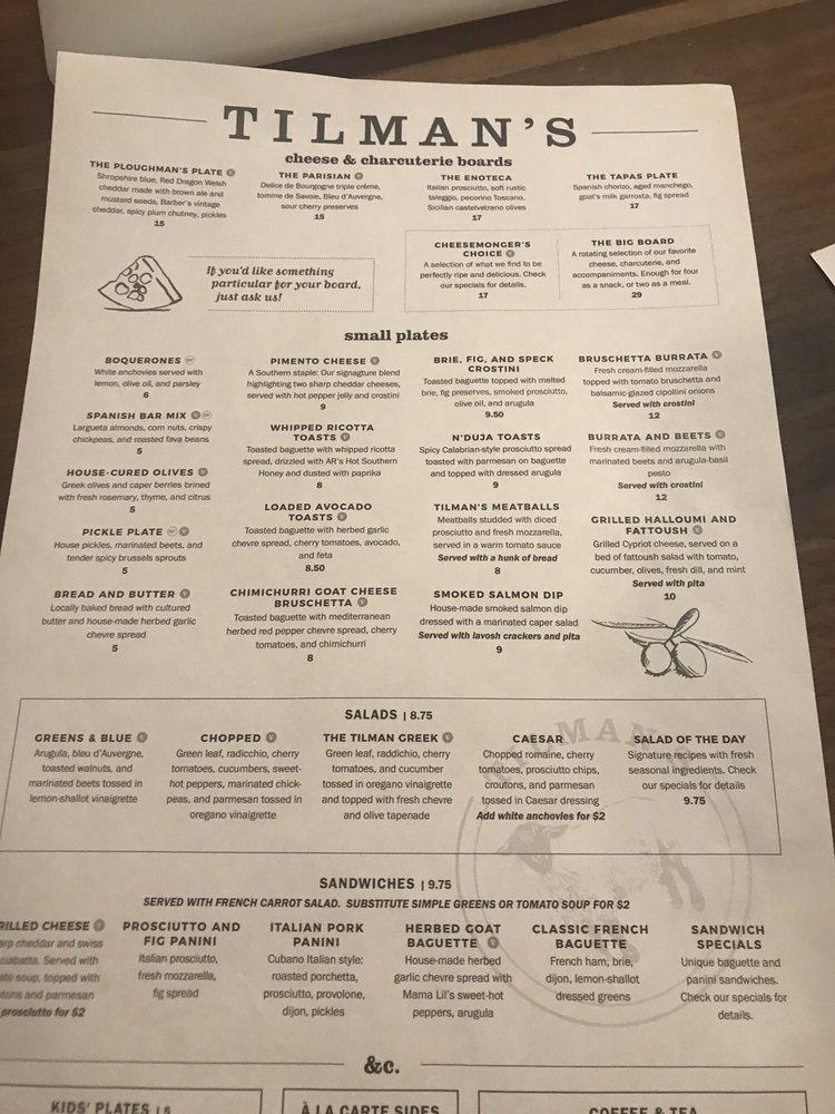 Menu at Tilman's pub & bar, Charlottesville