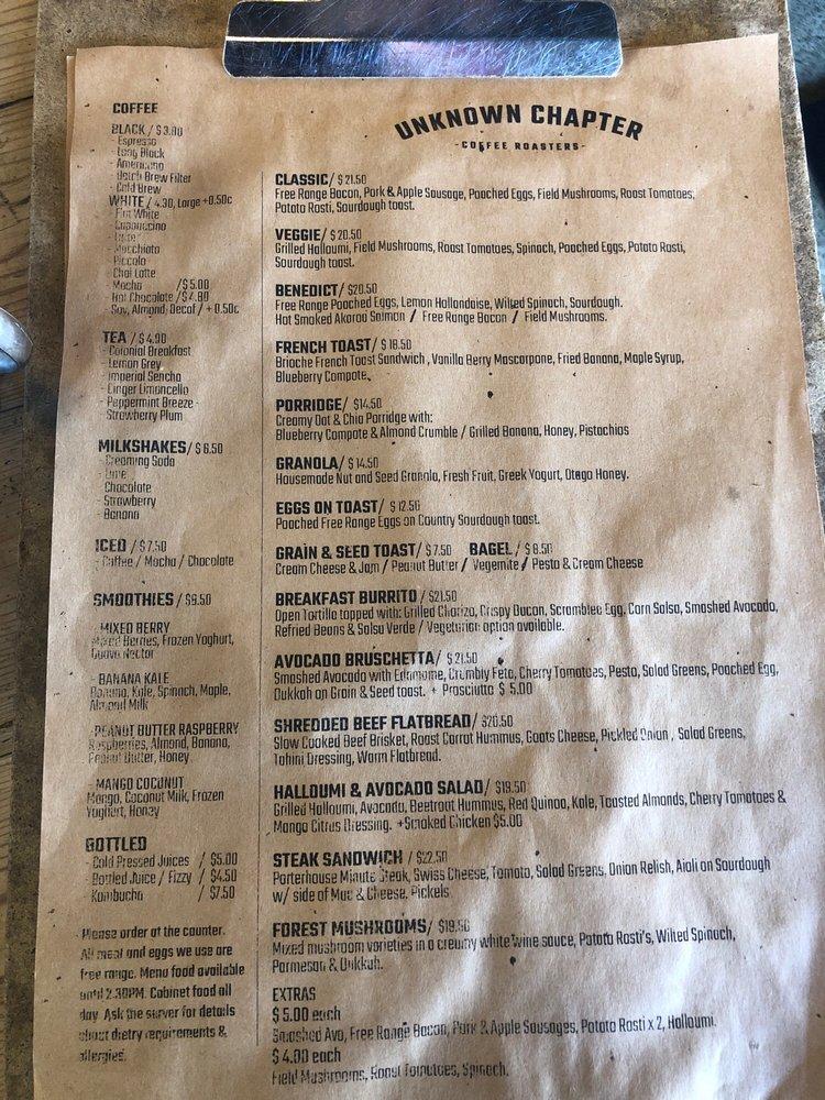 Menu at Unknown Chapter Coffee Roasters cafe, Christchurch