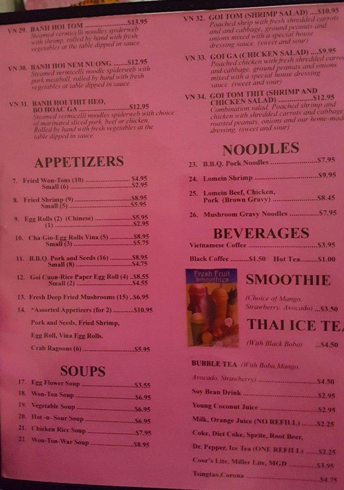 Carta de Vina Vietnamese Restaurant, Meridian