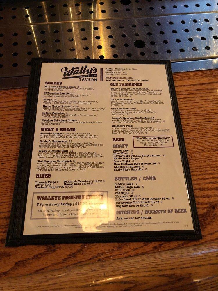 Menu at Wally's Wisconsin Tavern pub & bar, Denver