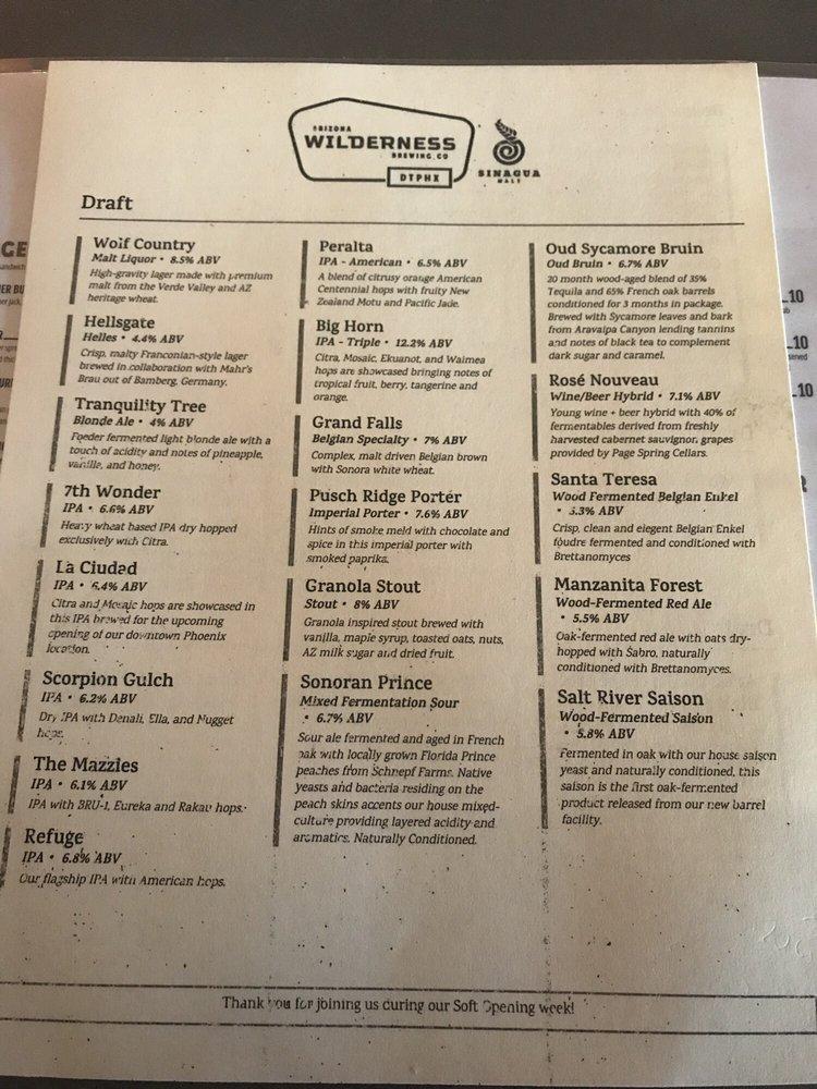 Menu at Arizona Wilderness DTPHX pub & bar, Phoenix