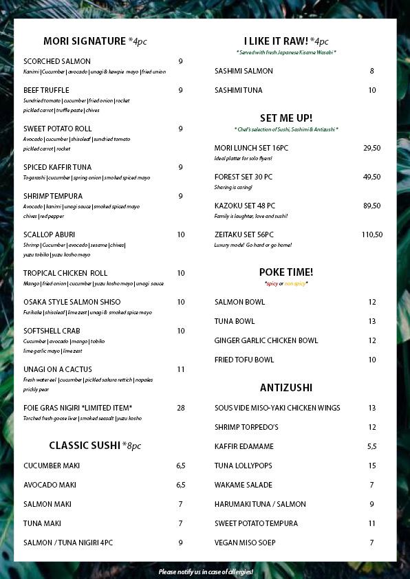 Menu at Mori Sushi Bar, Rotterdam