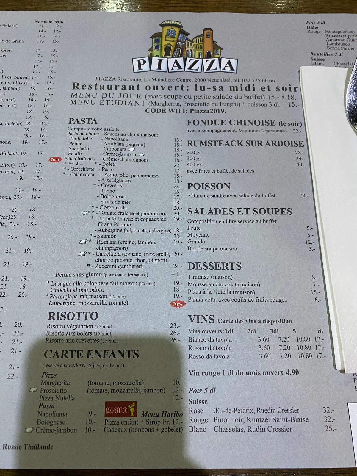Menu au Piazza, Neuchâtel
