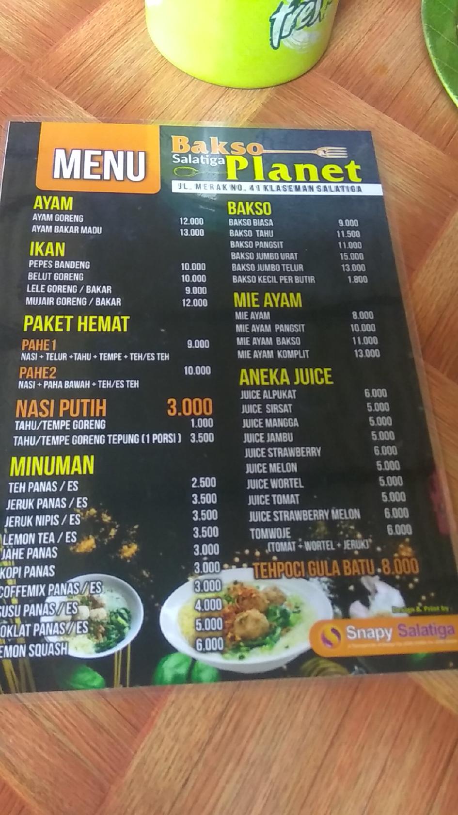 Menu at Bakso Planet (cabang Klaseman) restaurant, Salatiga, Jl. Merak ...