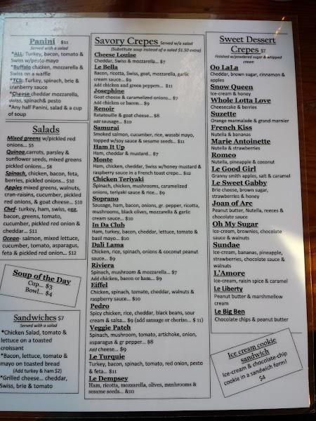 Menu at Betsy's Crepes restaurant, Southern Pines