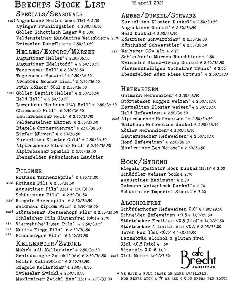 Menu at Café Brecht, Amsterdam, Weteringschans 157