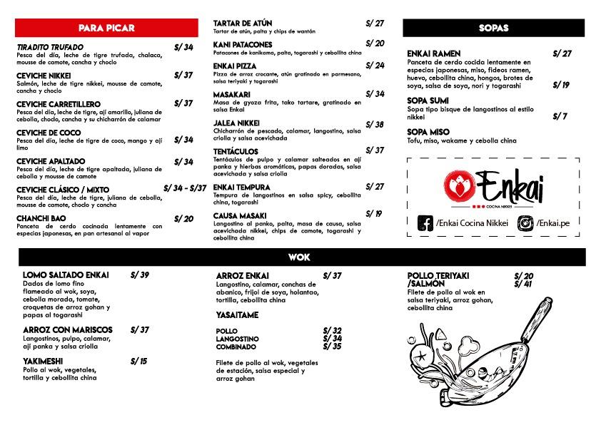 Menu at Enkai cocina nikkei restaurant, Jesus Maria